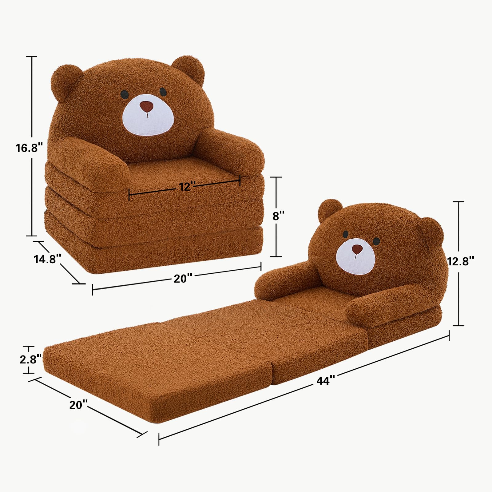 MOONBEEKI Comfy Toddler Chair, Kids Couch Fold Out to Lounger, Foldable Baby Sofa Plush for Girl and Boy Age 18 Months and Up ( Brown Bear)