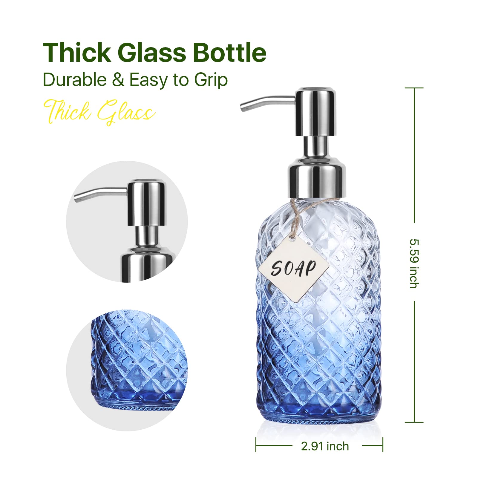 Glass Soap Dispenser, 14 Oz Hand Soap Dispenser Set with Rust Proof Stainless Steel Pump, Refillable Liquid Dish Soap Dispensers for Kitchen Sink Bathroom Commercial, Clear Blue Orange 2 Pack