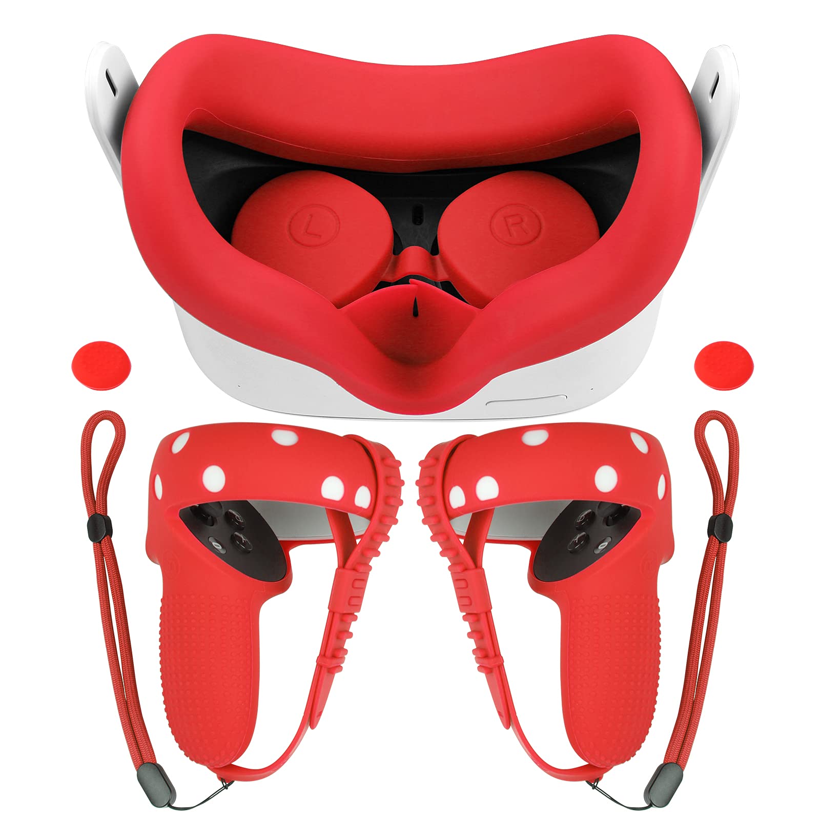 Colohas Oculus Quest 2 Accessories VR Cover - Touch Controller Grip Cover Handle Sleeve with Adjustable Knuckle Strap - Silicone Face Cover - Protective Lens Cover for Oculus Quest 2 Headset - Red