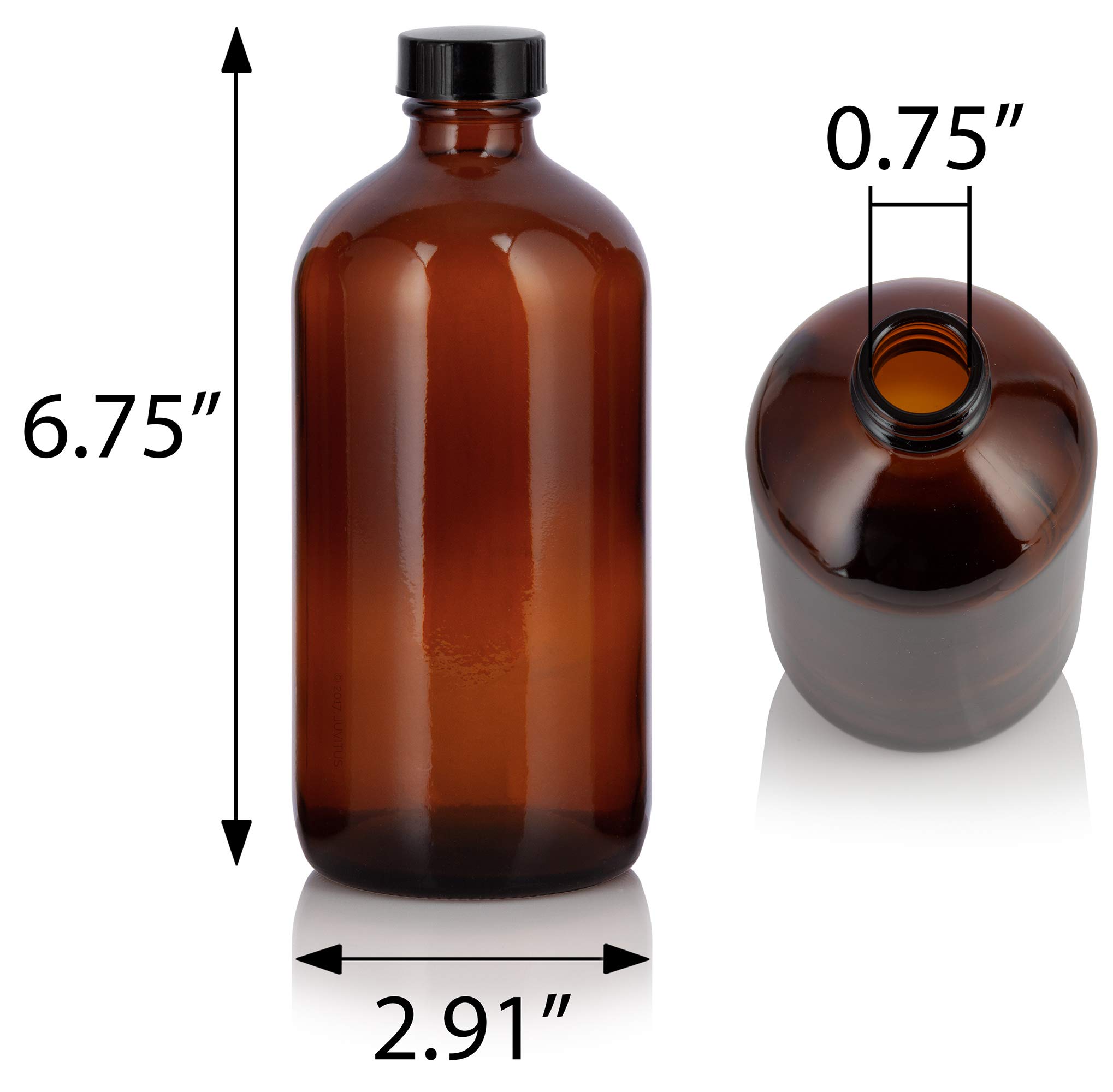 JUVITUS 16 oz Amber Glass Boston Round Bottle with Airtight Black Phenolic Cap (2 Pack)