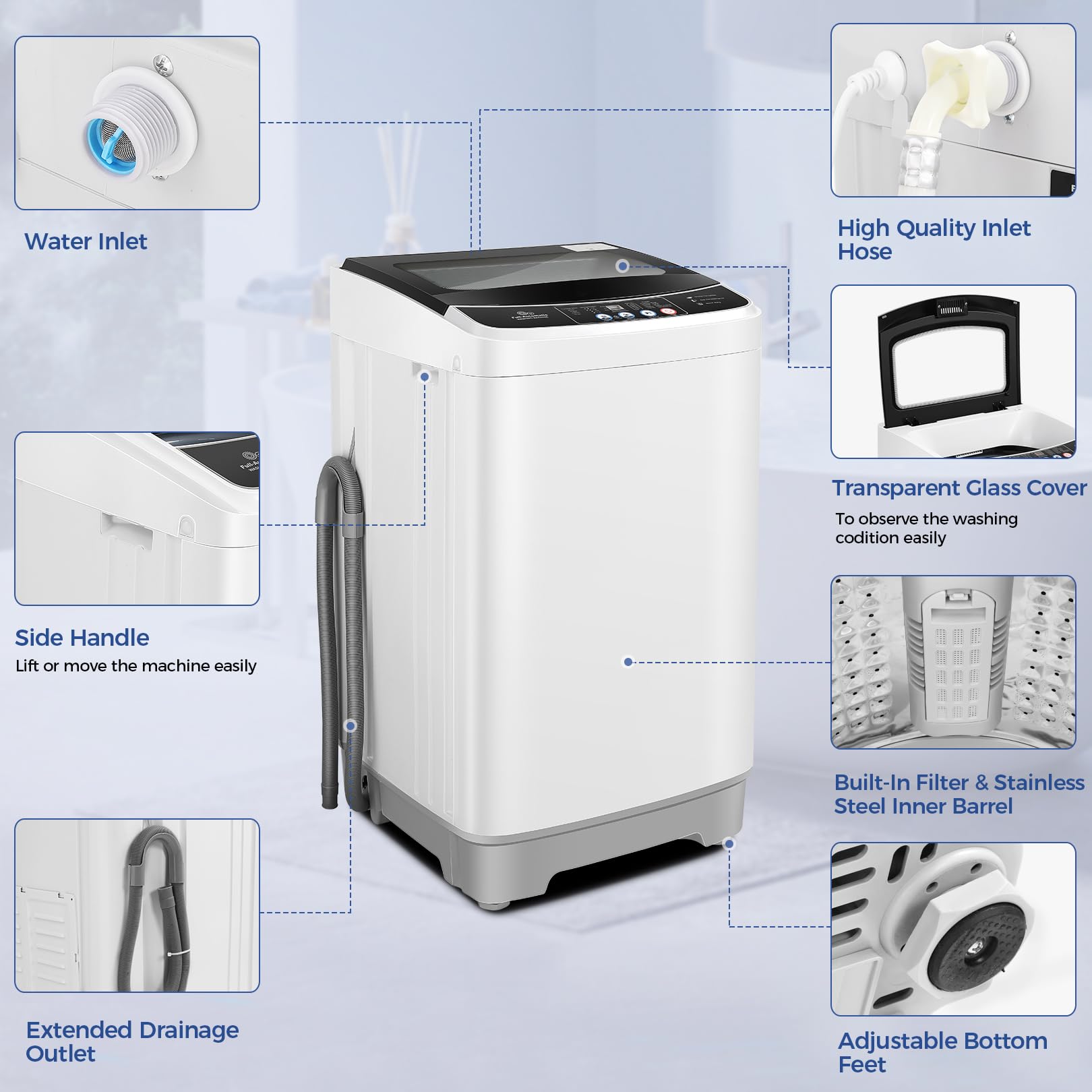Nictemaw Portable Washing Machine 17.8Lbs Capacity 2.4 Cu.ft Portable Washer Machine with 10 Programs 8 Water Levels Mini Washing Machine for Apartments Dorms Rvs-Glass Cover
