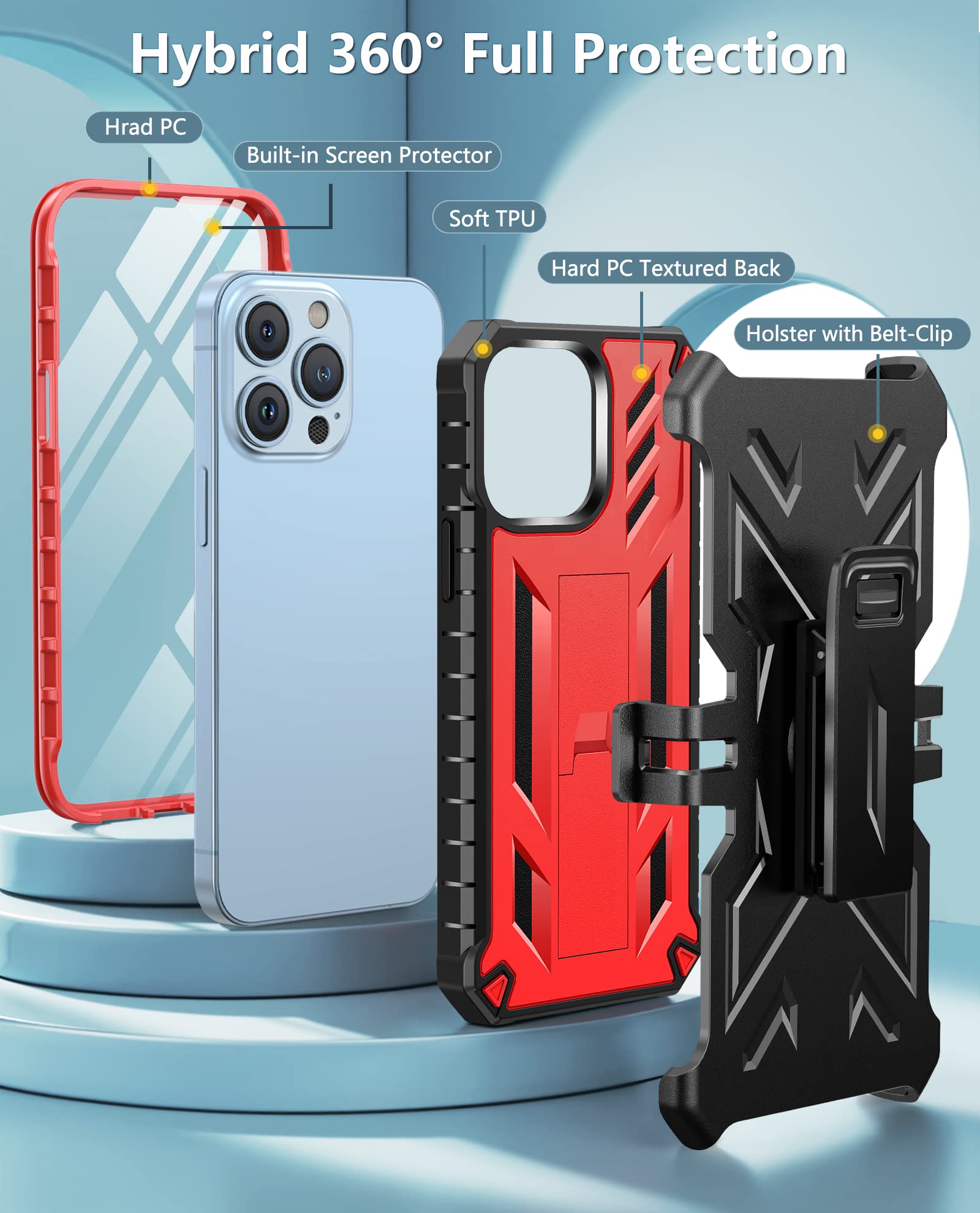 WTYOO for iPhone 13 Pro Max Case: with Built-in Kickstand & Screen Protector | Full-Body Dual Layer Rugged Belt Clip Holster, Durable Heavy Duty Military Shockproof Protective Phone Cover-Black