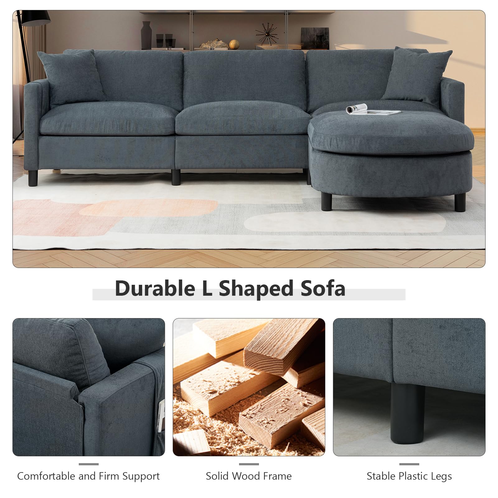 Hommoo L Shaped Sofa Sectional Couch for Home Living Room 3 Seat Couch with Removable Ottoman Comfy Linen Fabric Small Modern Couch for Apartment with Pillow 107β Grey
