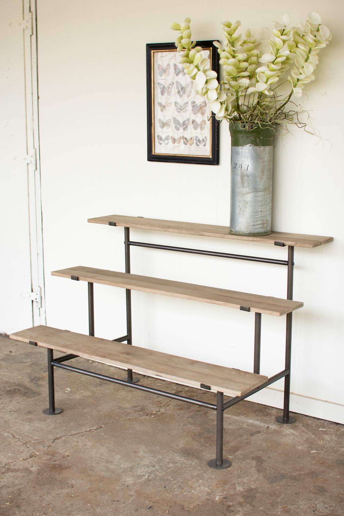 MY SWANKY HOME Modern Three Tiered Wood Shelves Bleachers Style Metal Display Unit Industrial