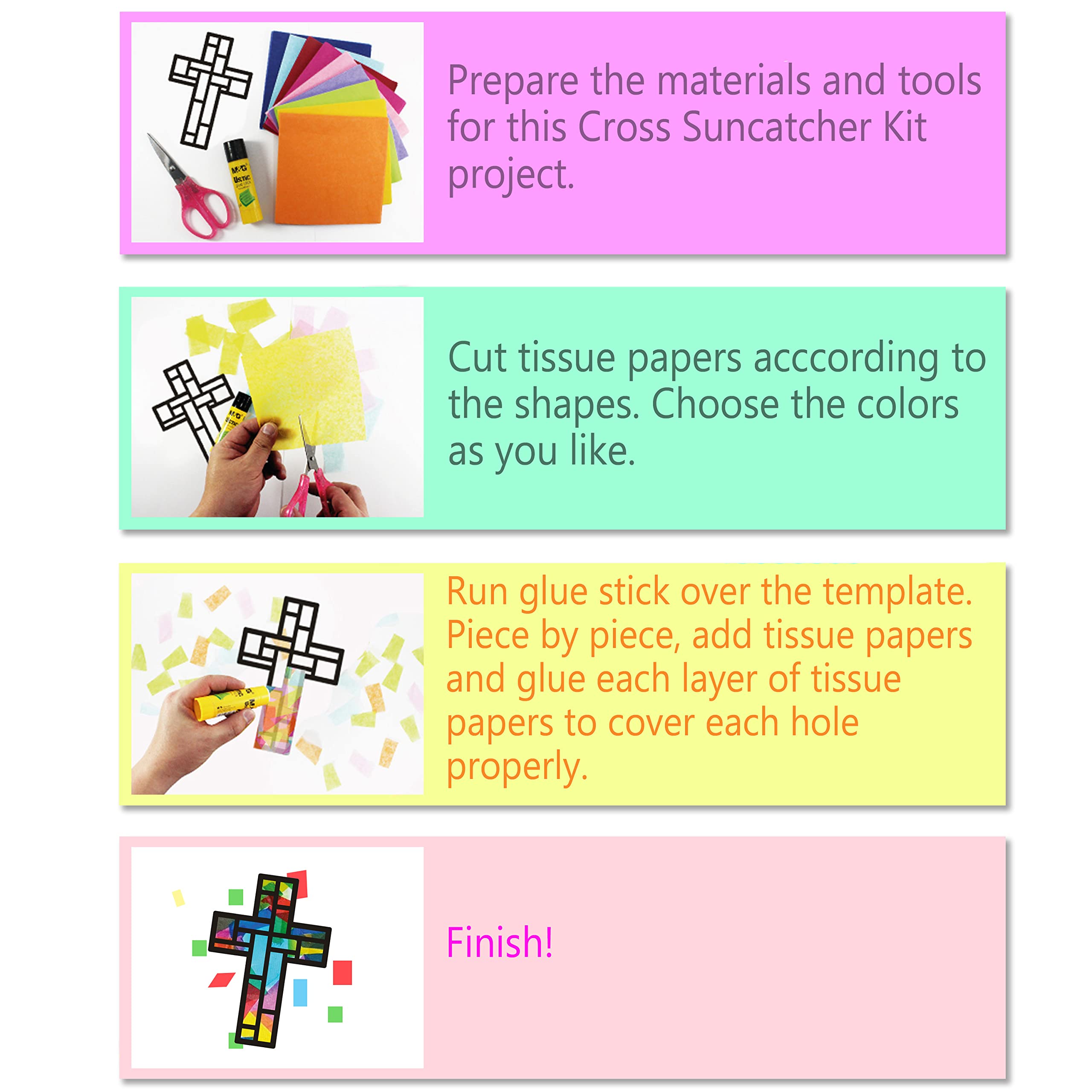 VHALE Suncatchers Craft 3 Sets (9 Cutouts) w Tissue Papers Stained Glass Effect Paper Sun Catcher Kit, Window Art, Classroom Crafts, Creative Art Projects, Kids Party Favors (Cross)
