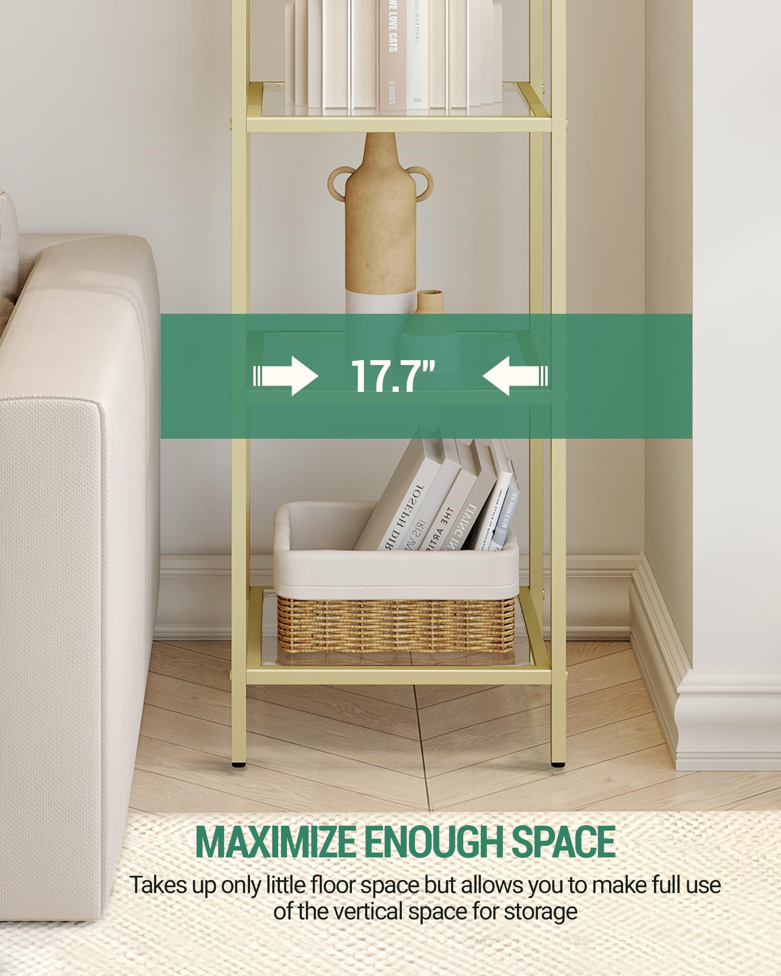 Hzuaneri Bookcase Bookshelf, Tempered Glass Arched Bookshelf for More Storage, Slim Shelving Unit for Bedroom, Bathroom, Home Office, Steel Frame, 6 Tier Gold BC20699G