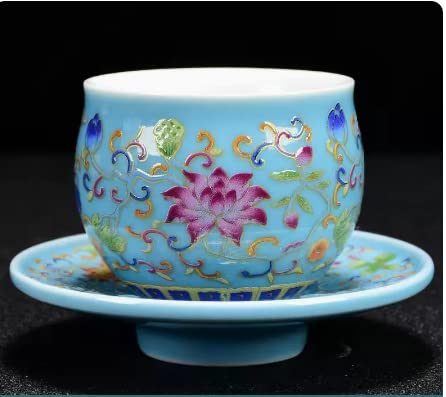 EYLINK Chinese tea cup Tea cup pretty tea cupp loose tea cup floral tea cups china cup tea cup gift set teacup set (Blue Va Cup + Coaster)