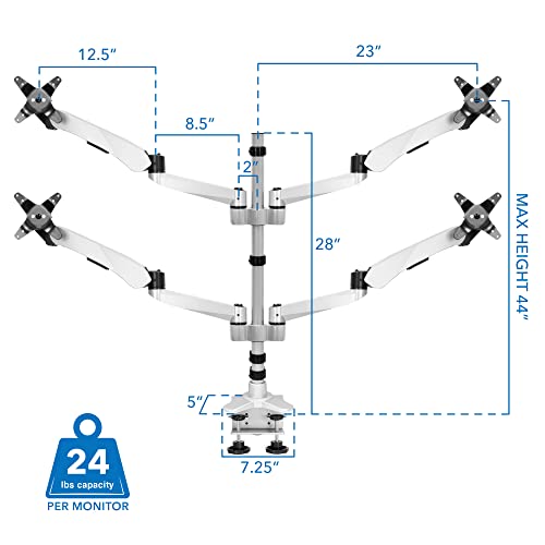 Mount-It! Quad Monitor Desk Mount With Full Motion Height Adjustable Arms | Premium Modular Computer Screen Mount With VESA 75x75, 100x100 mm Pattern | Clamp Base, Silver