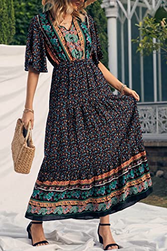 PRETTYGARDEN Women's Casual Summer Boho Floral Print Dress V Neck Short Sleeve High Waist Long Maxi Beach Dresses (Black Floral,Medium)