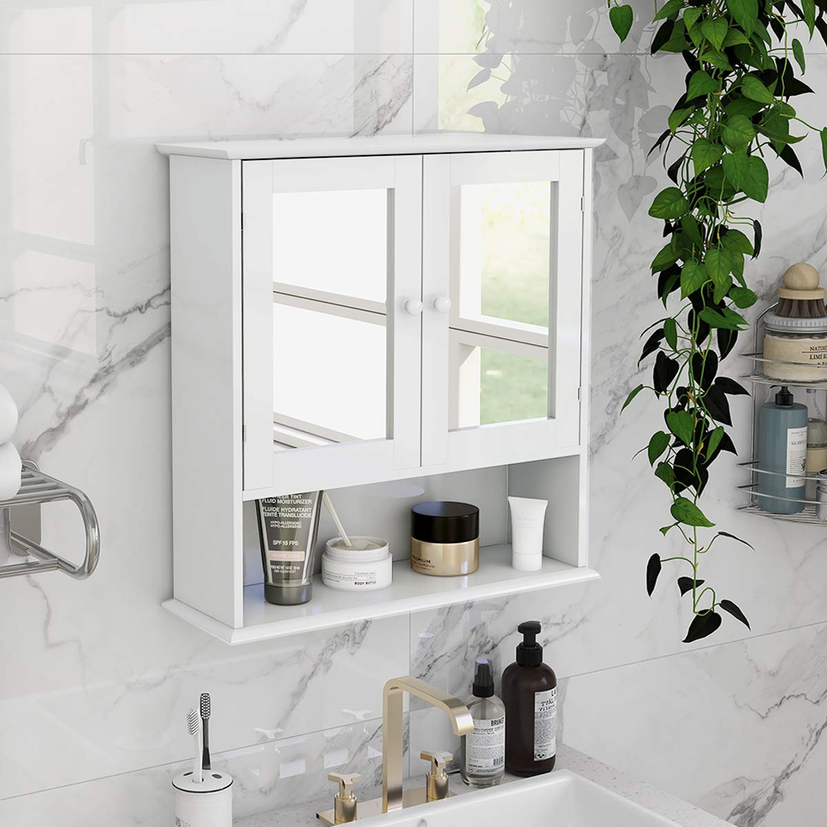 JUQUANBH Bathroom Wall Cabinet, Medicine Cabinets for Bathroom with Doule Mirror Doors 3 Open Shelf, Wooden Bathroom Storage Cabinet