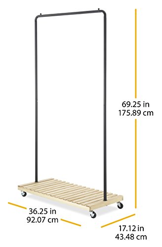 Whitmor Slat Wood Garment Rack - Freestanding Rolling Clothing Organizer - New Zealand Pine Shelf