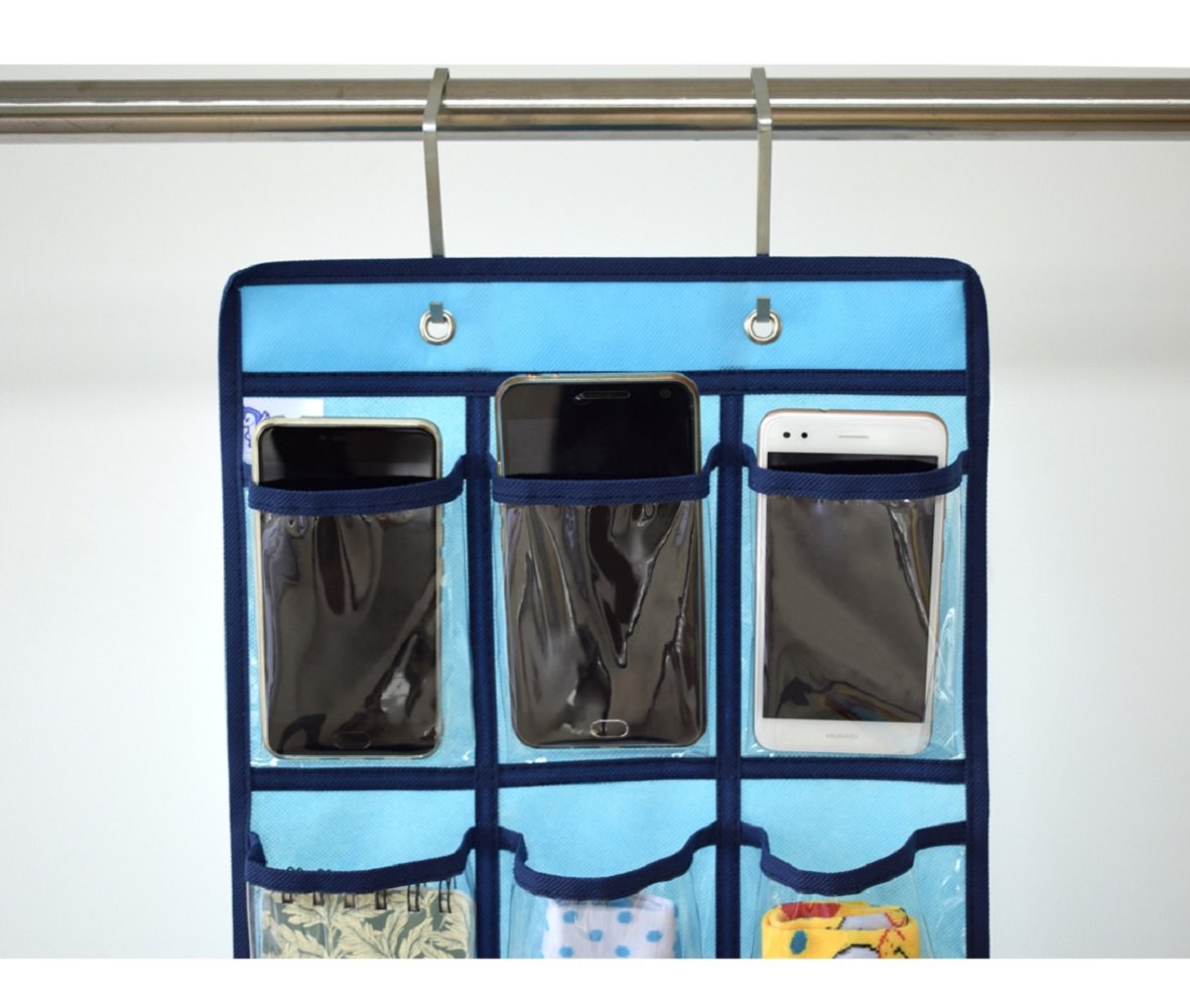 NIMES Hanging Closet Underwear Sock Jewelry Storage Over The Door Classroom Cell Phone Calculator Organizer Clear Pockets (BLUE-12 & 9 POCKETS PACK)