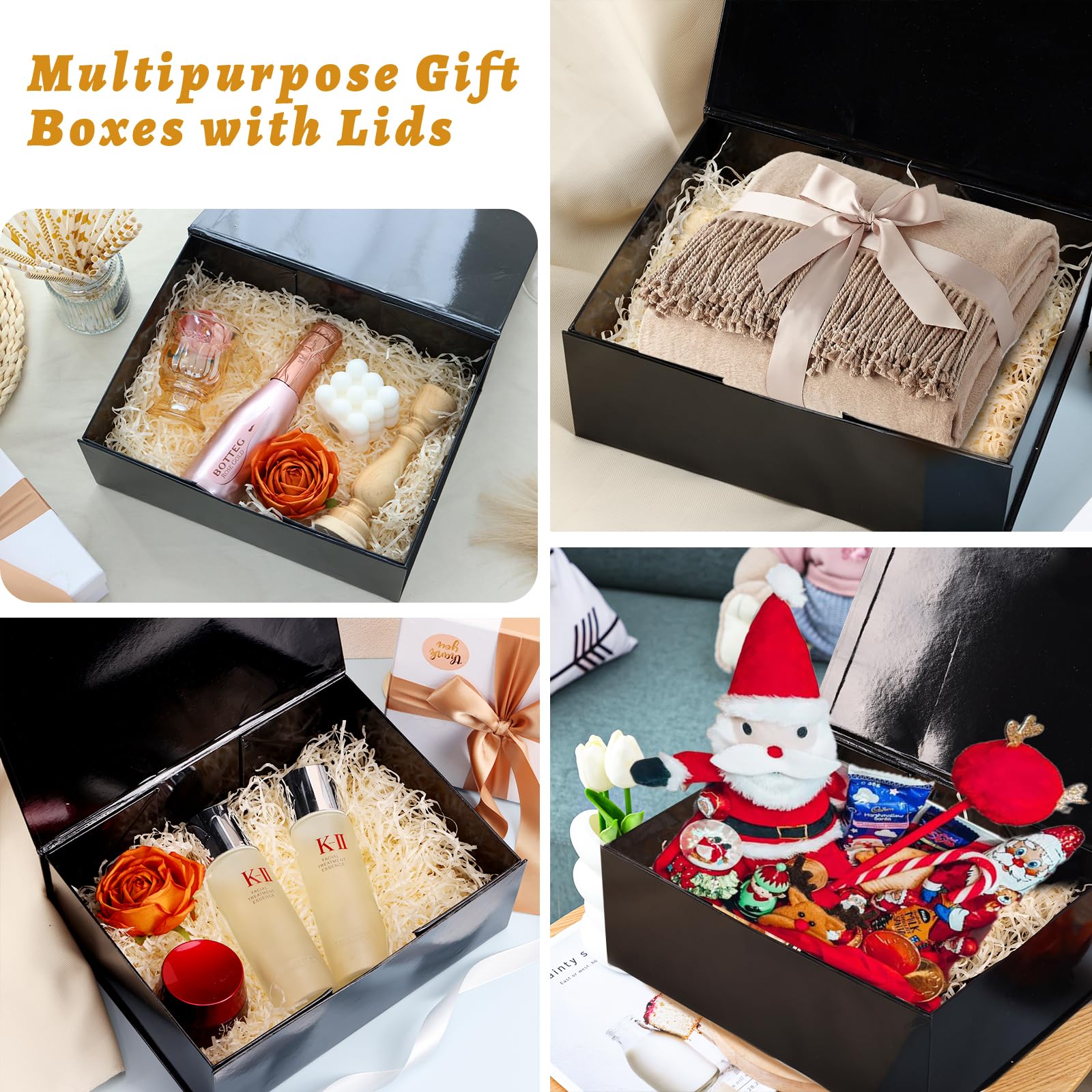 Moretoes Black Gift Box, 3pcs 12 x 9 x 4.3 Inches Gift Boxes with Magnetic Lid and Ribbons, Large Collapsible Gift Box