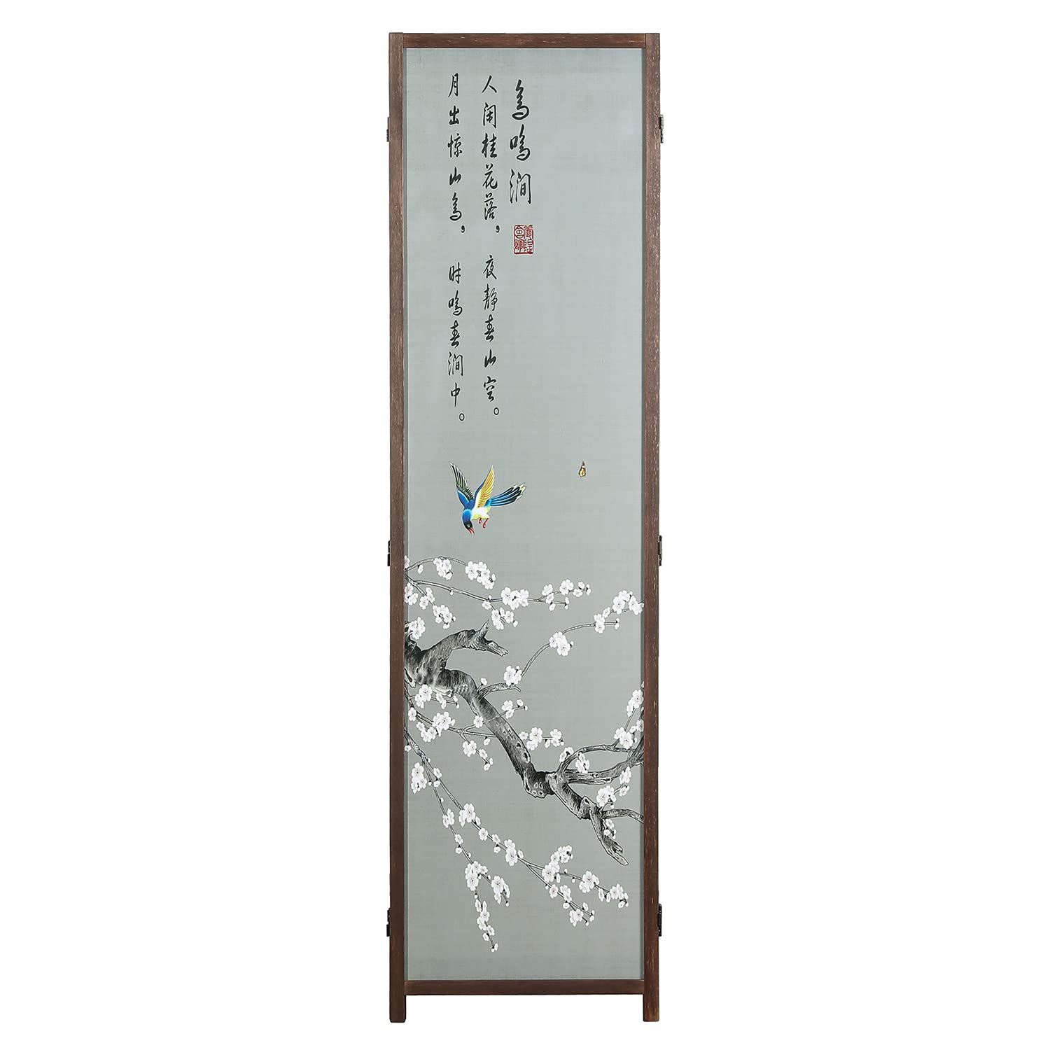 MyGift 4-Panel Asian-Inspired Folding Room Divider with Cherry Blossom Tree & Bird Design Poetry Calligraphy and Brown Wooden Frame