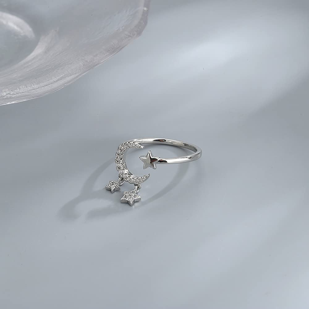 Crescent Moon Star Open Rings for Women Cubic Zirconia Dangle Tassel Adjustable Stacking Statement Knuckle Finger Ring Promise Wedding Promise Gift Anniversary Valentine's Day Fashion Jewelry Gifts Daughter