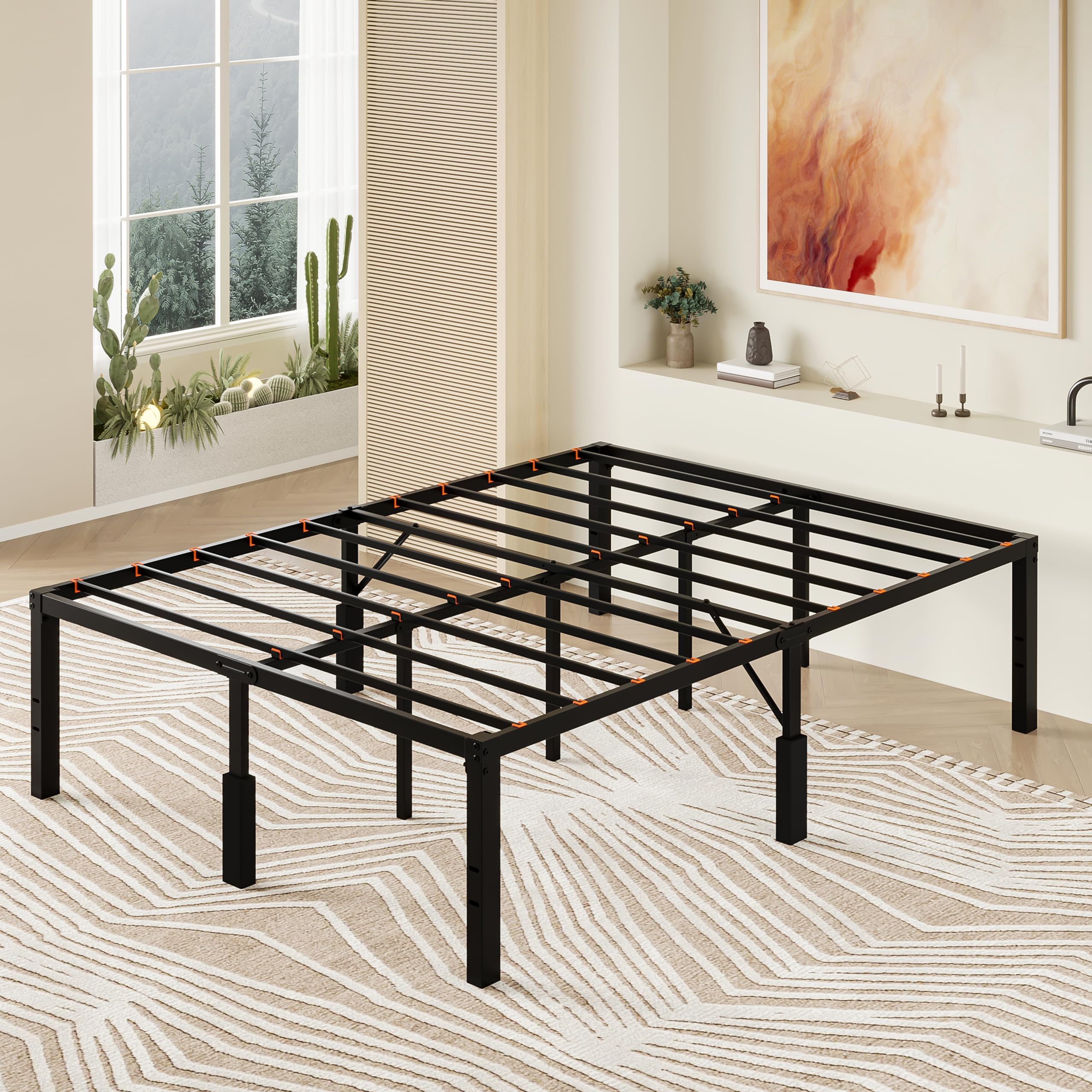 Juyoupro 18in Queen Bed Frame No Box Spring Needed, Platform Bed Frame Queen Size with Toe Protectors, Easy Assembly, Noise Free,Black