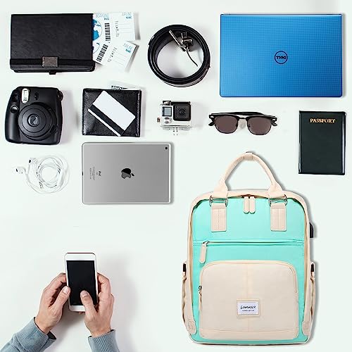 LOVEVOOK Laptop Backpacks for Women,Lightweight Cute Backpack with USB Charging Port Aesthetic Casual Travel Backpack 15.6 Inch,White&Green