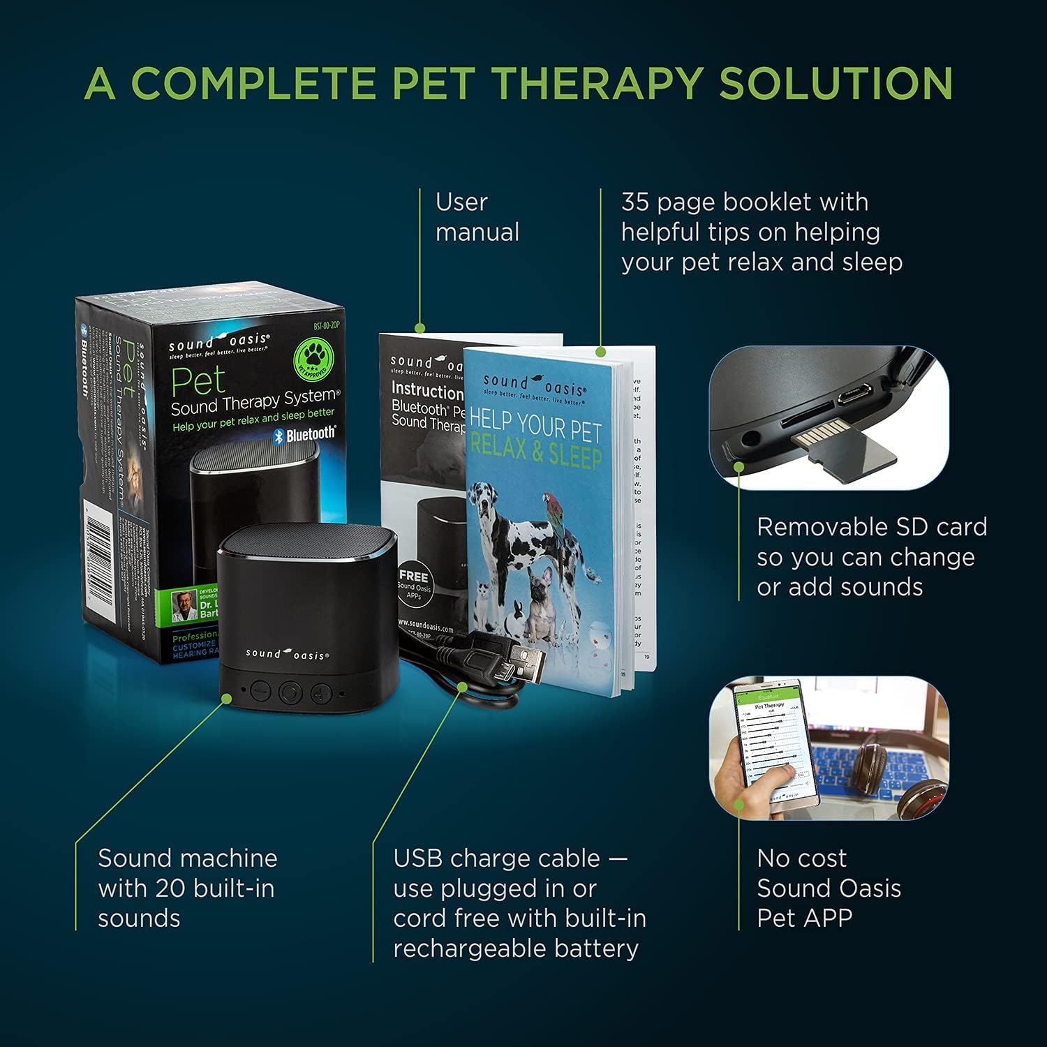 Sound Oasis Pet Bluetooth Sound Machine, 20 Dr Developed Calming Sounds to Soothe, Relax, Separation, Anxiety, Stress Relief, Sleep for Canine, Puppy, Dog, Cat for Storms, Fireworks, Barking, Travel