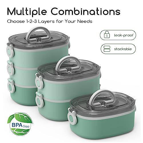 KHOXU Bento Lunch Box, Stackable 3 Layers Bento Box Adult Lunch Box, 94OZ Large Capacity Lunch Containers, Lunch Box Kids with Accessories Kit , Leak-Proof, Food-Safe Materials, Green
