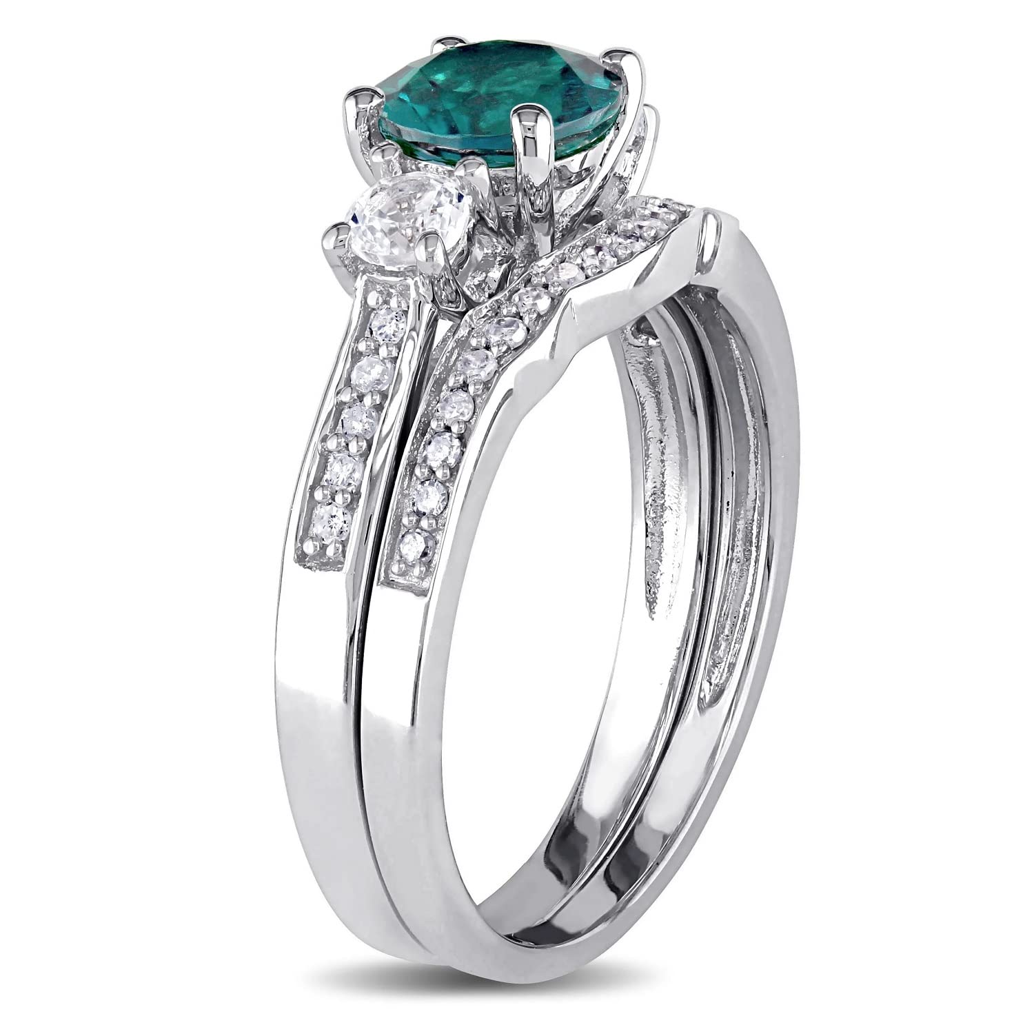 Elegant Touch Engagement Ring Set Three Stone Ring Emerald & Diamond Ring Set Bridal Ring Set for Womens 14K White Gold Plated (Ring Size-6.5)