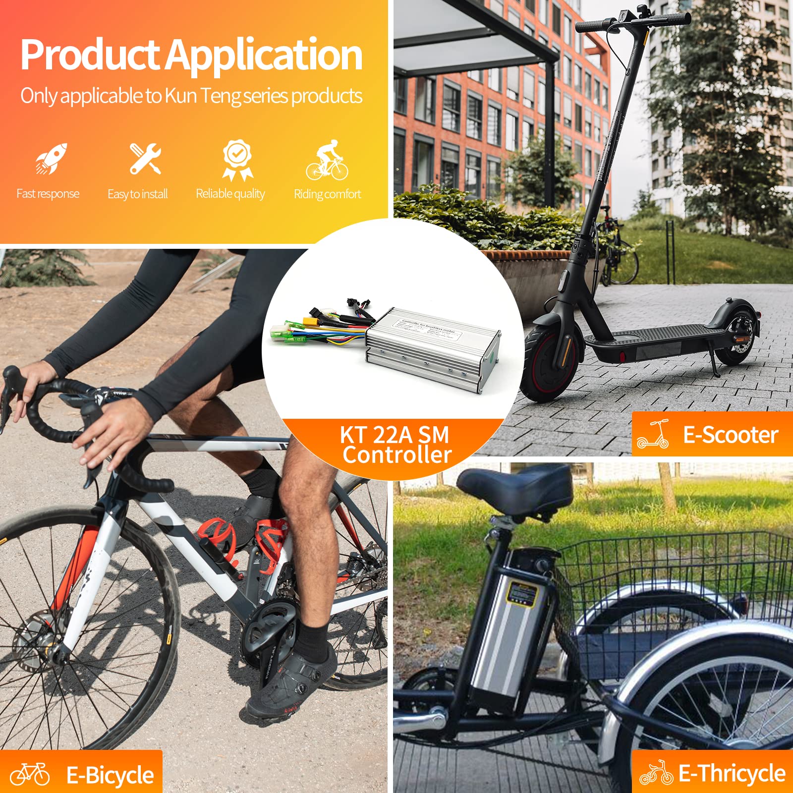 Ebike 36V/48V 500W Controller KUNTENG(KT) 22A Brushless Motor Controller for Electric Bike Kit Compatible with KT LCD3 LCD4 LCD5 LCD7 Display (22A XT60 Motor Waterproof Plug)