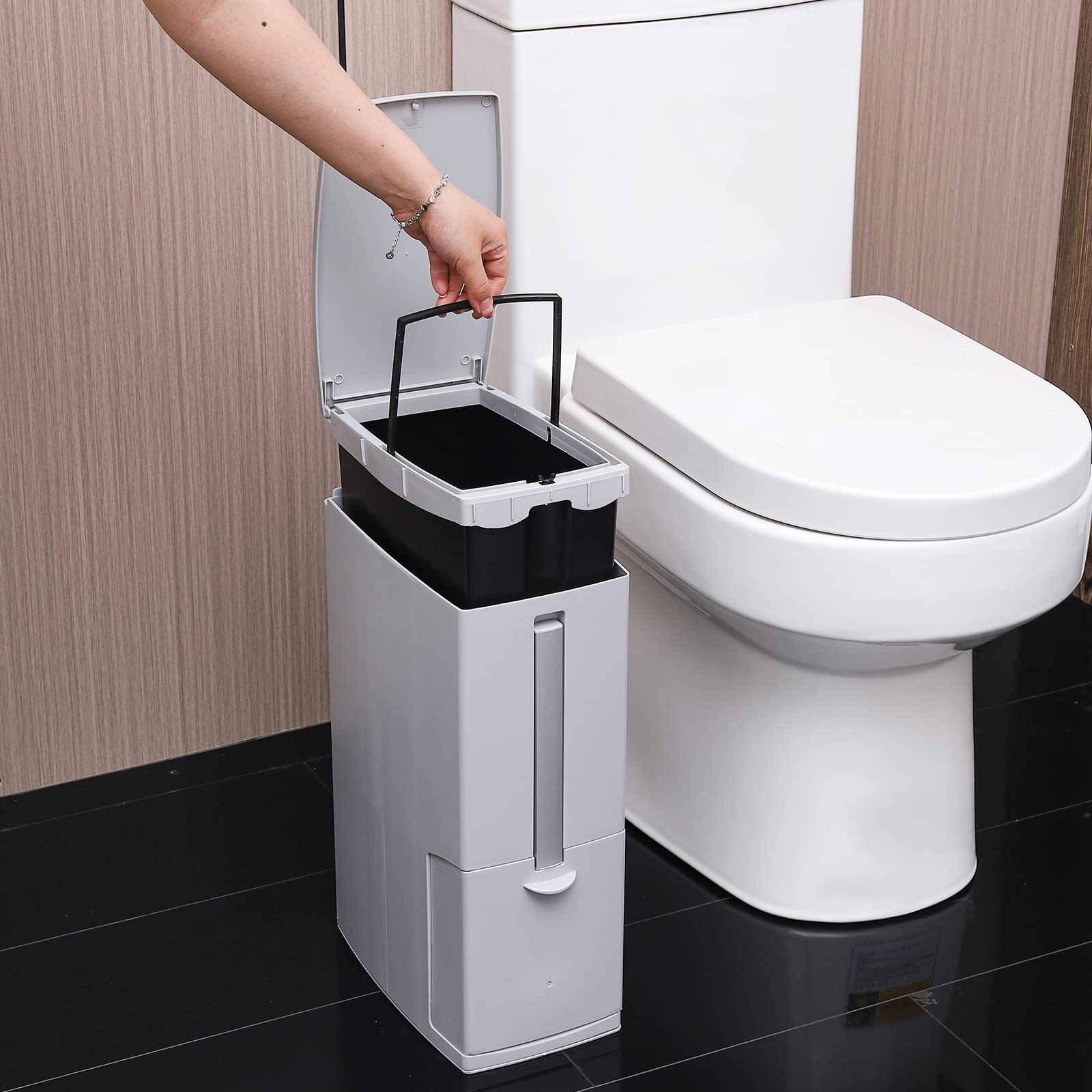 Cq acrylic 8 Liter Slim Plastic Trash Can 2.1 Gallon Small Narrow Garbage Can with Press Top Lid,Trash can with Toilet Brush Holder,Rectangular Modern Waste Can for Bathroom Grey