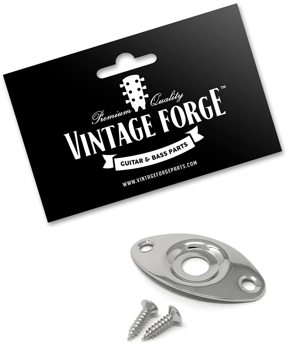 Vintage Forge Chrome Oval Jack Plate for Guitar and Bass with Screws Metal Indented Curved Football Shape JPF20-CHR