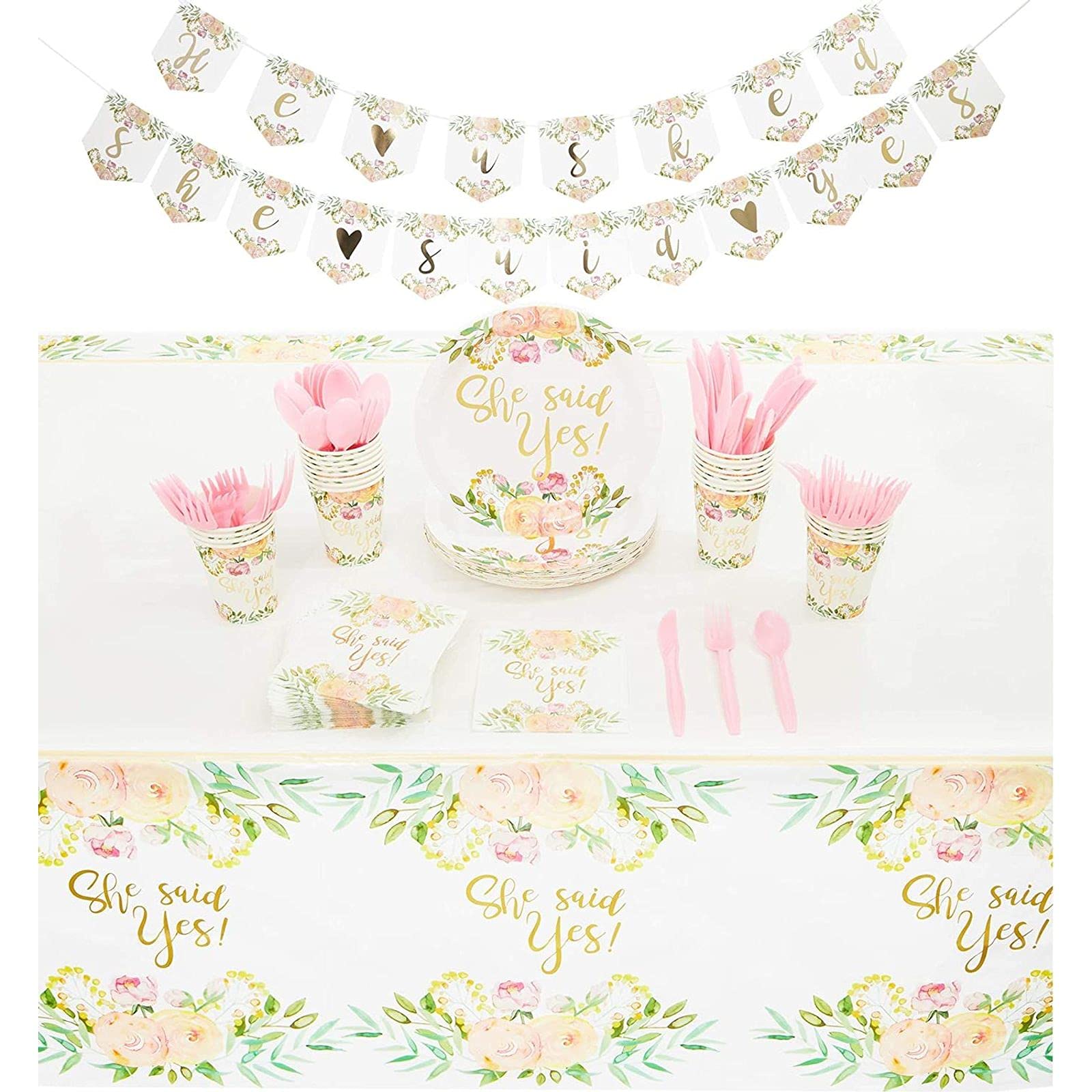 Sparkle and Bash Bridal Party Pack, Includes Paper Plates, Napkins, Cups, Cutlery, Banner, and Plastic Tablecloth (Serves 24, 146 Pieces)