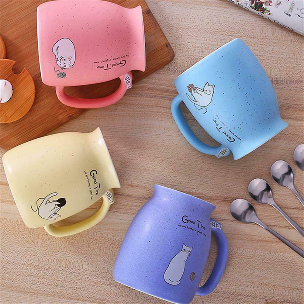 F FINEC 15oz Cute Cat Ceramic Mug, 450ml Milk Coffee Tea Cup With Spoon And Three-dimensional kitty Wood Lid, Heat-Resistant Cartoon Kitten Mugs For Children Office Lovers Gifts
