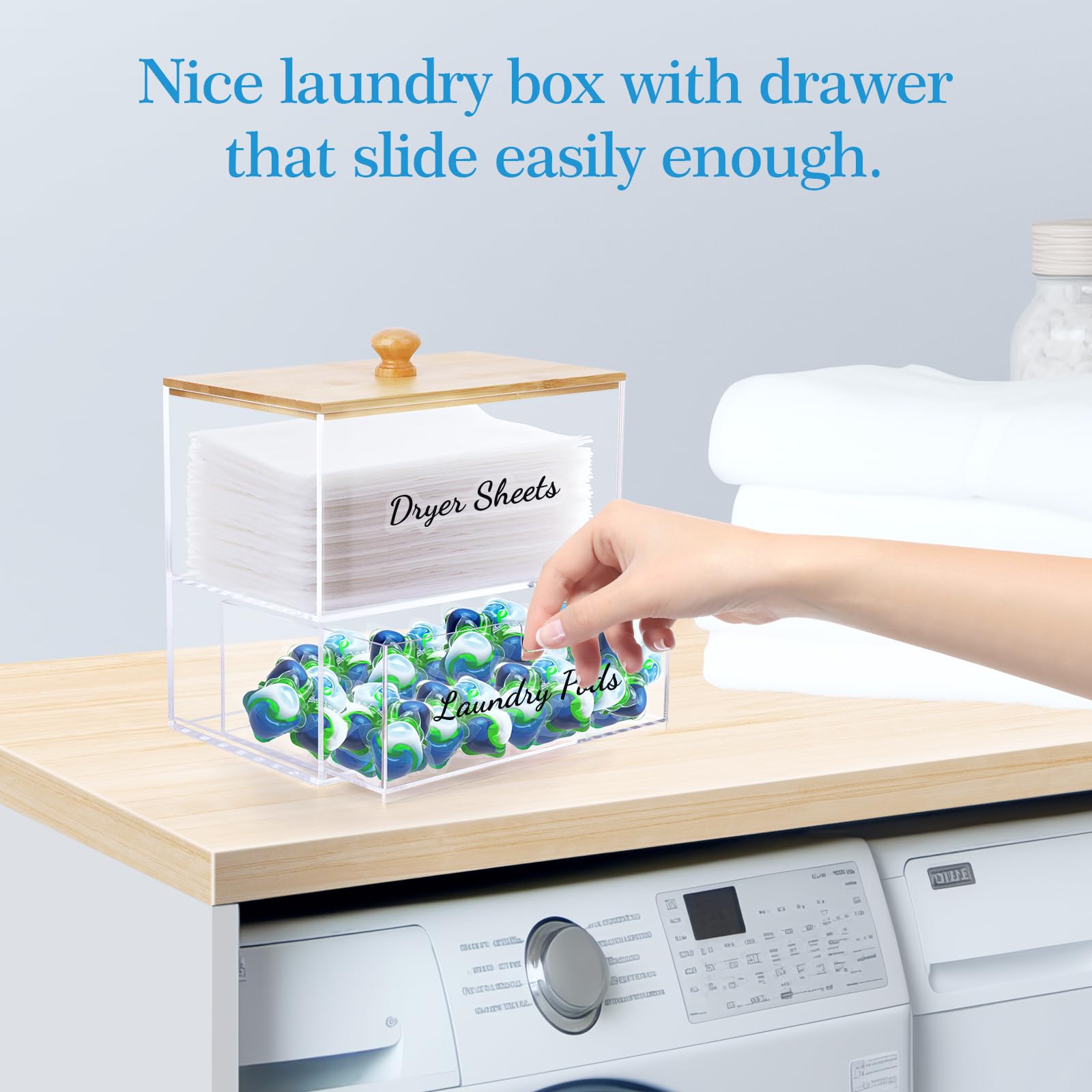 JYPS Acrylic Dryer Sheet Holder with Drawer and Bamboo Lid, Clear Laundry Room Organization and Storage,Dryer Sheet Laundry Pods Containter Box for Laundry Room Decor