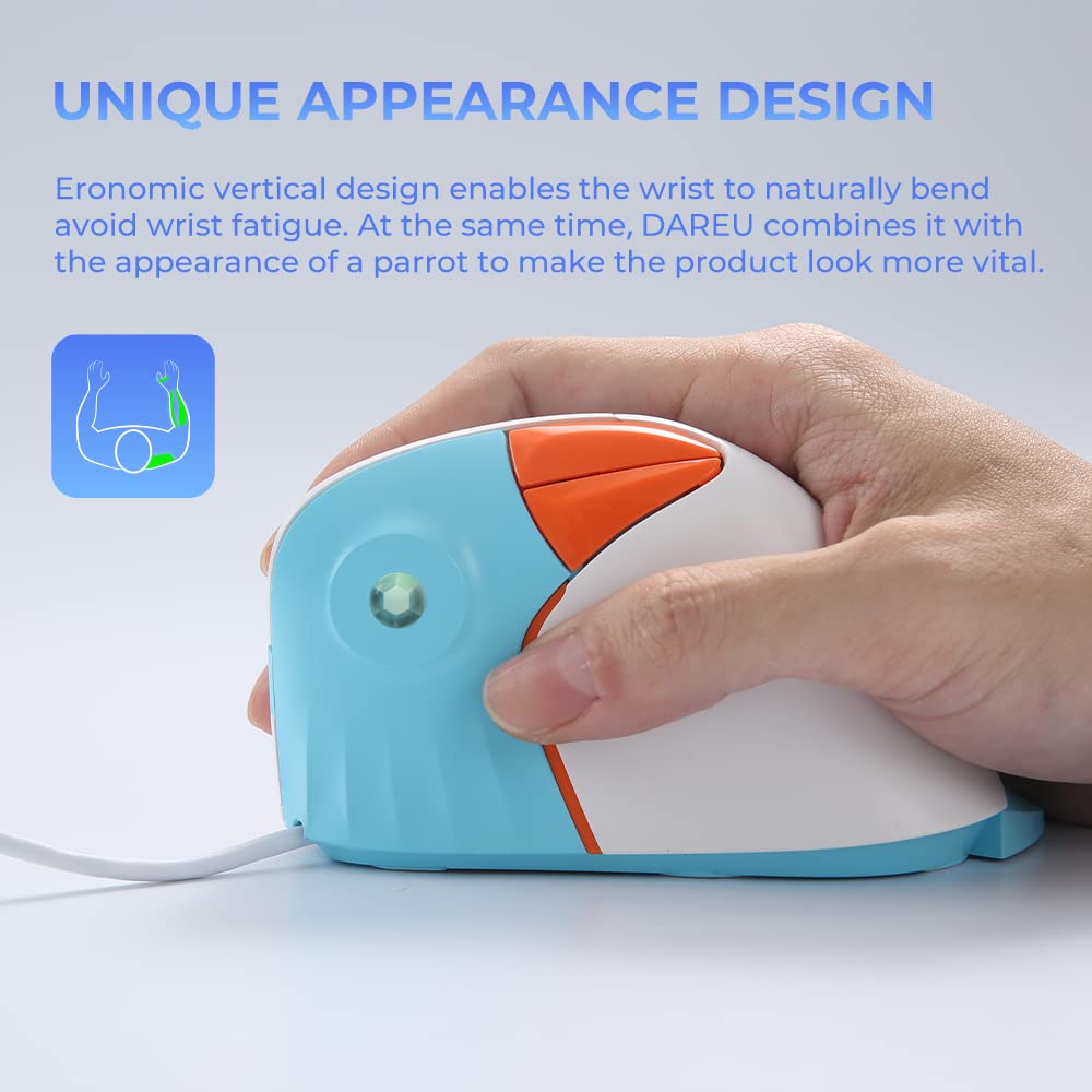 DAREU Vertical Ergonomic 89g Lightweight Optical Mouse, USB Wired RGB Gaming Mouse Reduce Wrist/Hand Strain, 1000/1600/3200/6400 DPI, 6 Buttons for Laptop, Desktop, PC, Mac (White&Blue)
