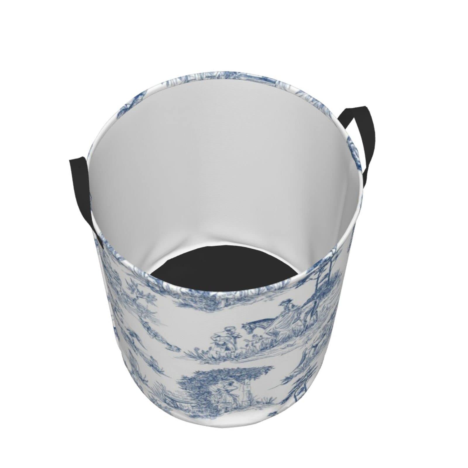 Laundry Hamper With Handles-Unique Toile Design Blue Laundry Basket-Round Storage Bin Dirty Clothes Basket
