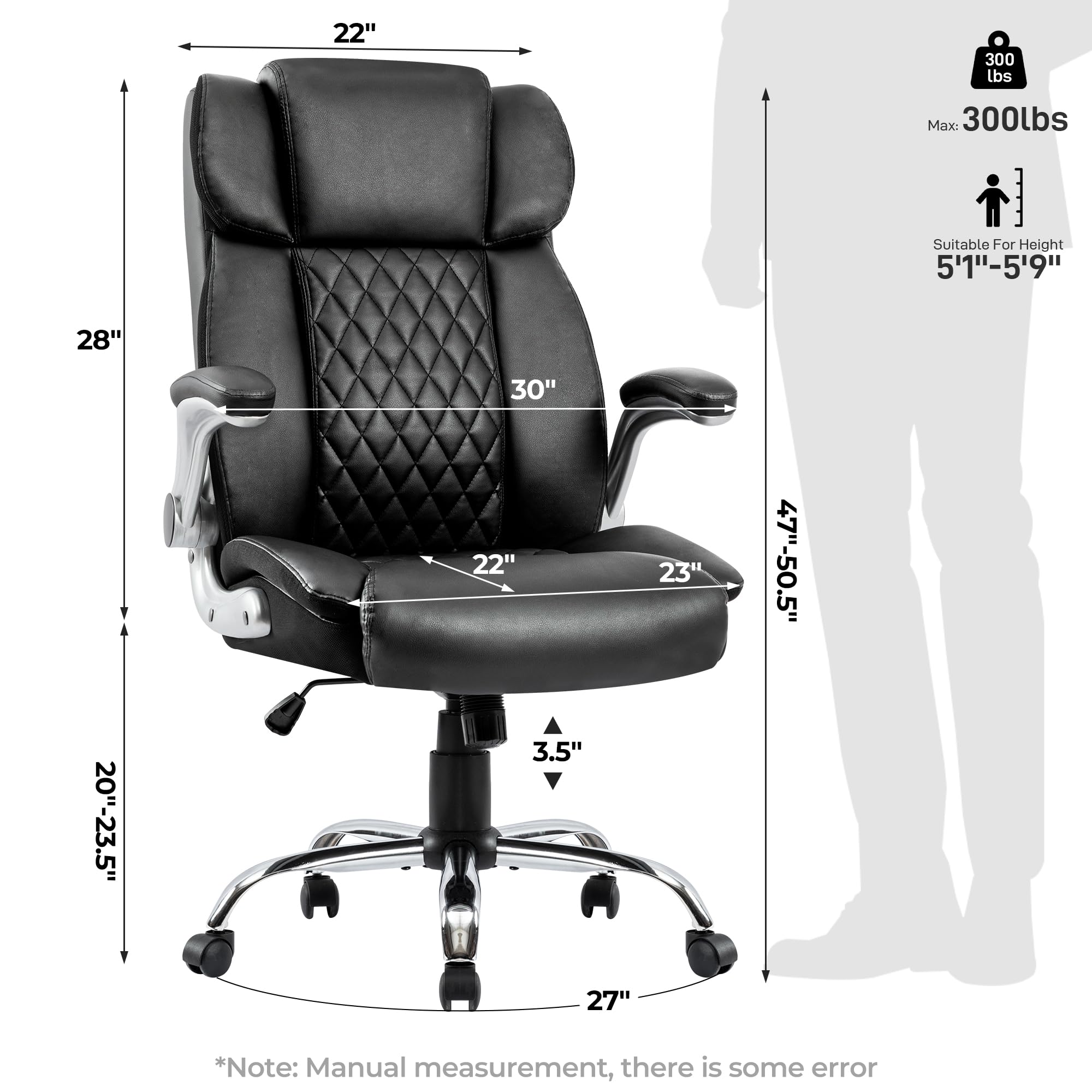 HOMYEDAMIC High Back Ergonomic Office Chair, Flip Arms Big & Tall Executive Swivel PU Bonded Leather Computer Chairs Adjustable Tilt Angle, Wide Thick Seat (7012-BK)