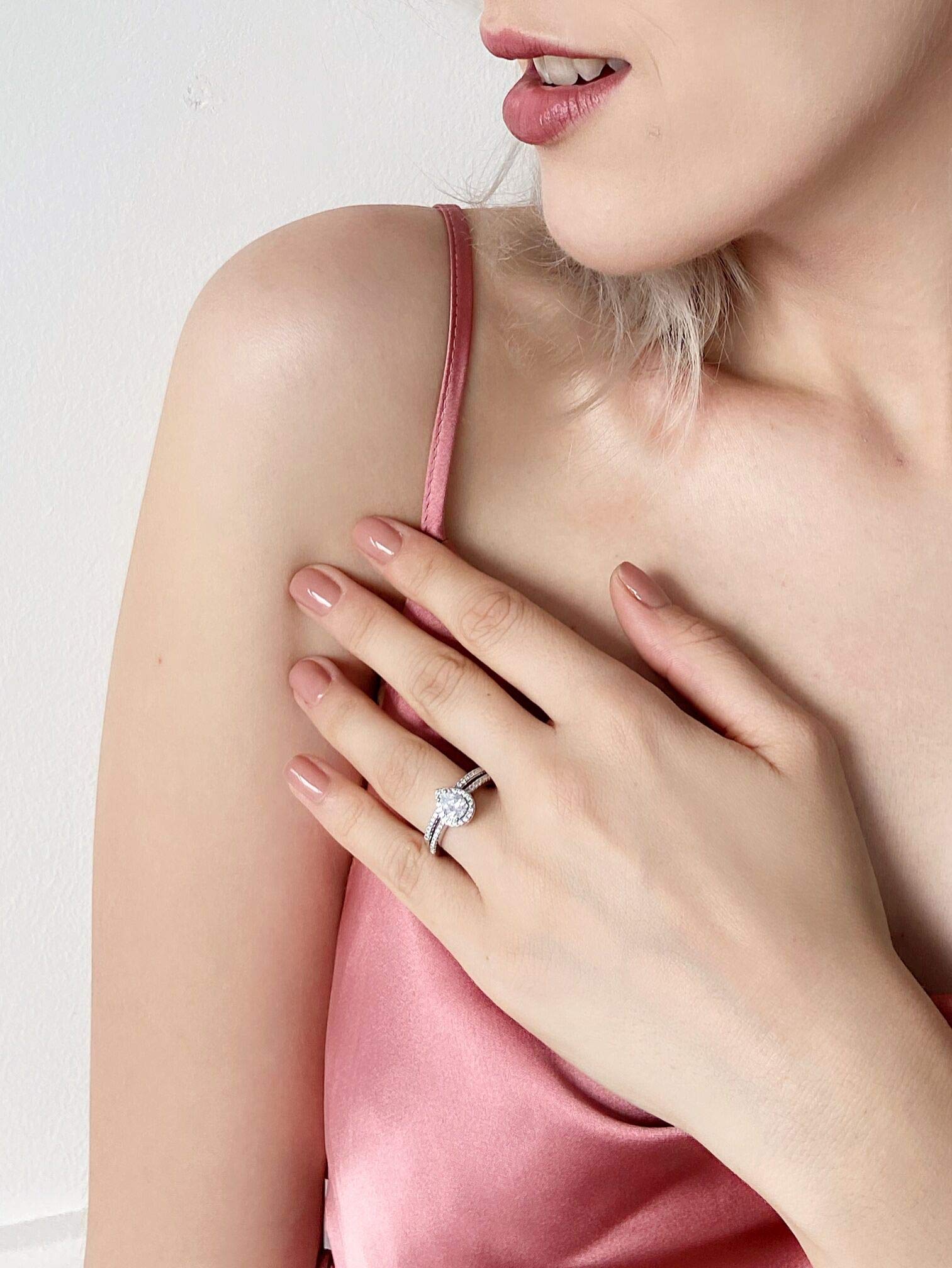 Classic Bridal Ring Set 0.75 Ct Pear Cut Teardrop Halo Ring Eternity Infinity Band Size 4-9 Half Sizes (Silver, 7)