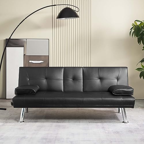 RIDFY 66.5” Modern Futon Sofa Bed with Metal Legs/2 Cupholders, Convertible Folding Upholstered Loveseat, Memory Foam Living Seat with Removable Armrests for Compact Spaces/Apartments/Office (Black)