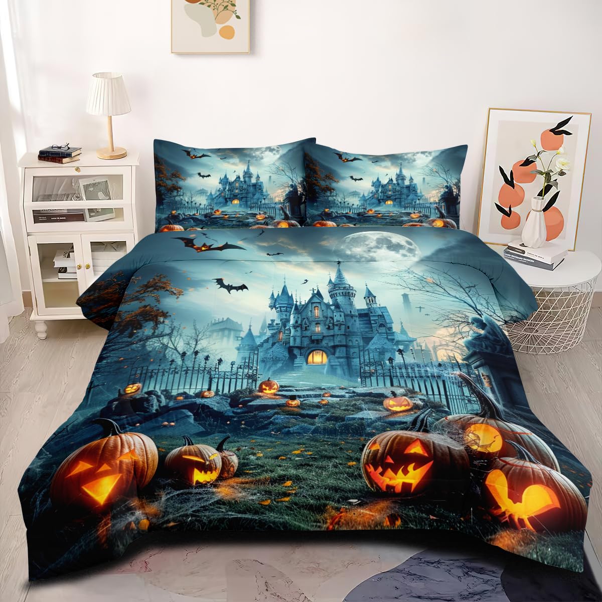 Halloween Pumpkin Bedding Sets Black Bats Full Size Comforter Sets 3D Printed Castle Comforter Kids Boys Girls Happy Halloween Comforter Set 3Pcs Soft Lightweight Down Comforter with 2 Pillowcases