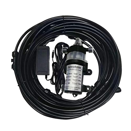 Furnrubden Misting Cooling System with Pump, Patio Misting System, 40FT Tubing +16 Brass Spray Nozzles, Outdoor Water Patio Misters for Outside Patio, RV Camper Marine Greenhouse, Fan, Trampoline