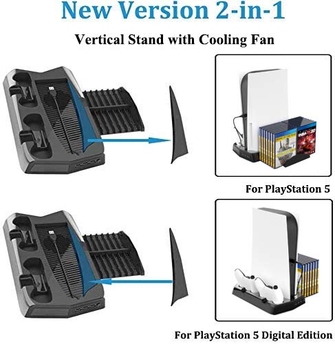 CONNYAM Vertical Stand with Cooling Fan for PS5 Ultra HD Console and PS5 Digital Edition, Controller Charge Station and 14 Retractable Game Storage for Sony Playstation 5 (Black)