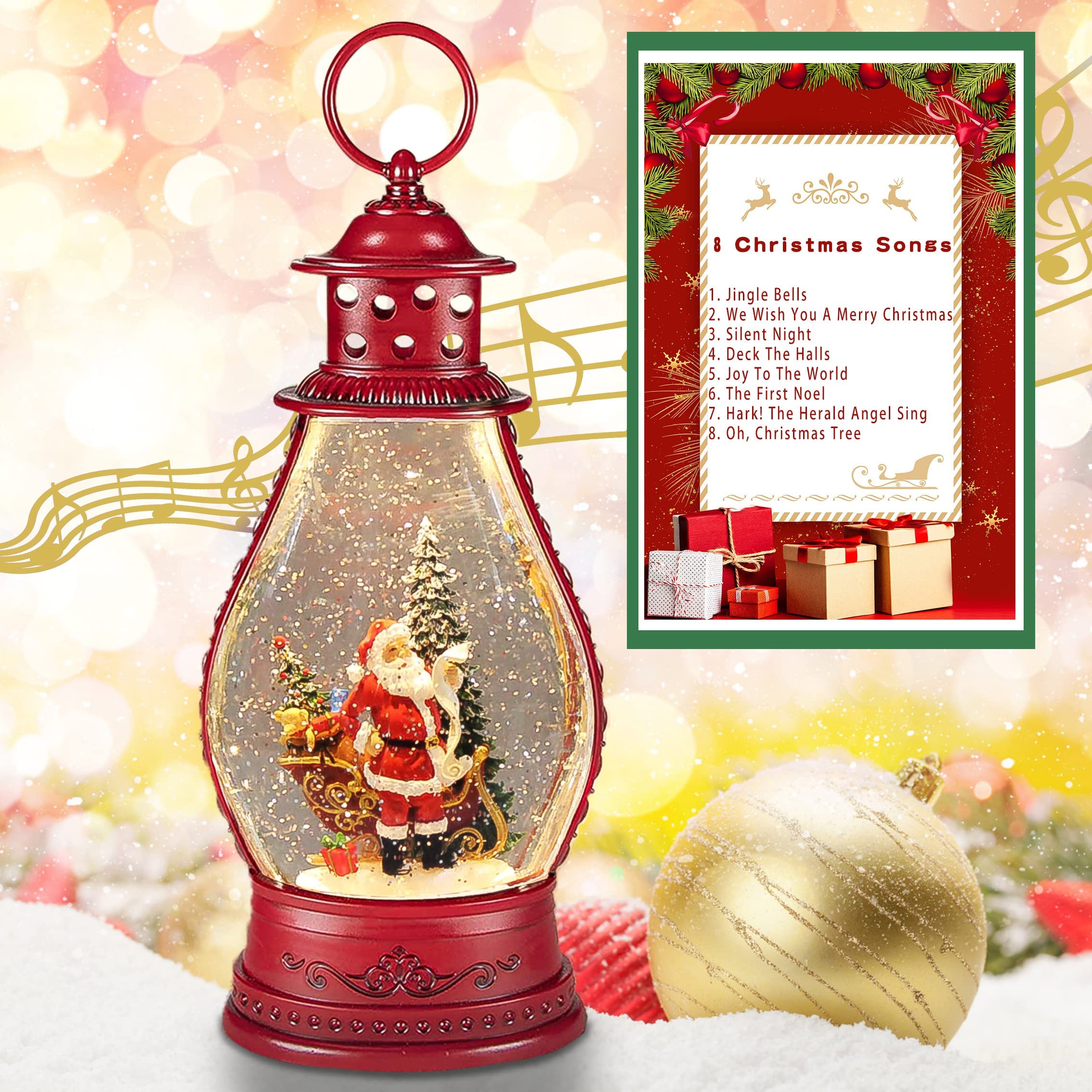 XPHOME Lighted Christmas Snow Globe Lantern Snowglobe Musical Battery Operated with Santa Claus Tree Glittering Swirling USB 6H Timer Home Decoration Holidays Decor and Gift
