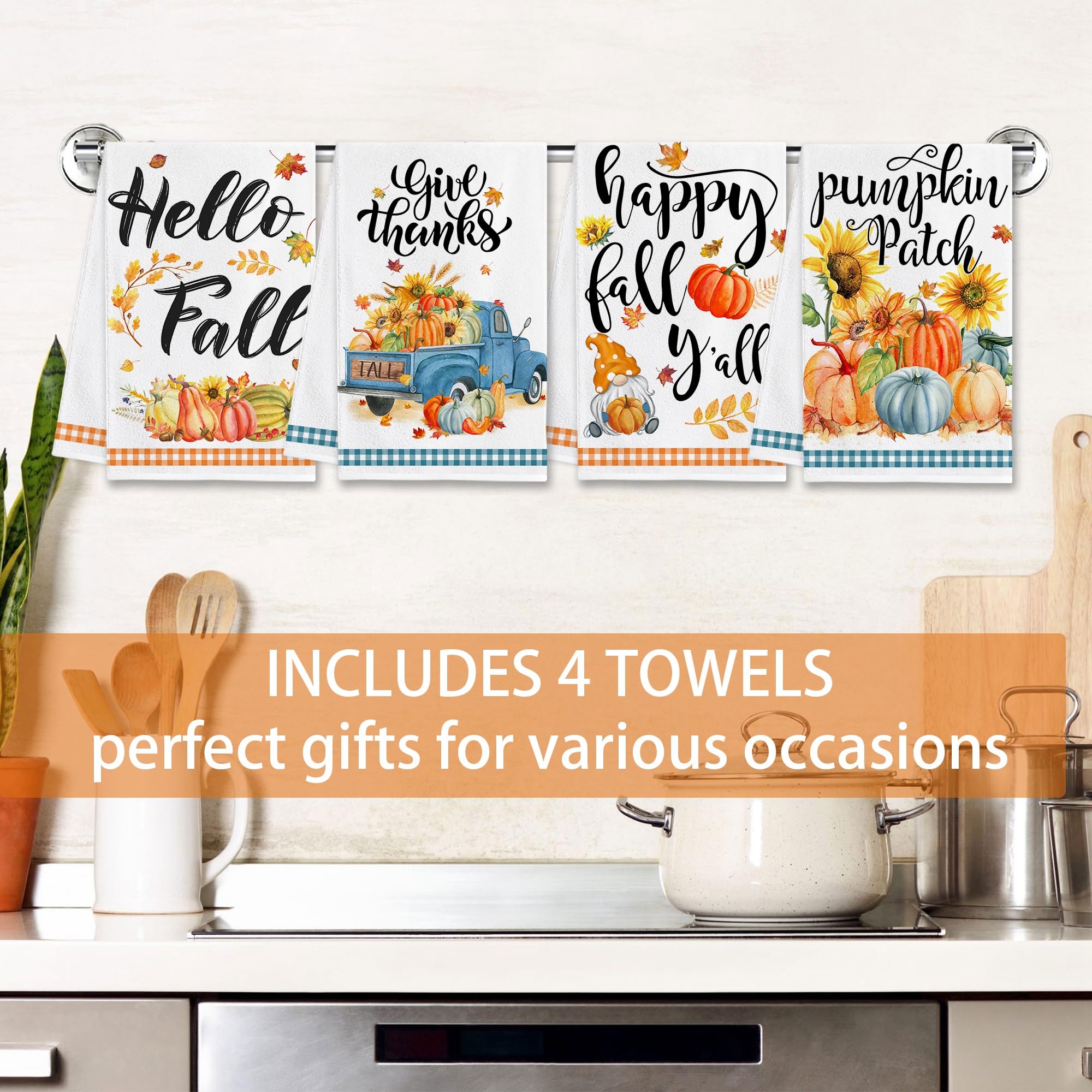 Fall Kitchen Towels Sets of 4 - Autumn Fall Dish Towels Dishcloths - Fall Hand Towels Bathroom Thanksgiving Tea Towel - Buffalo Plaid Pumpkin Gnome Farmhouse Theme Decorative Quick Dry Microfiber