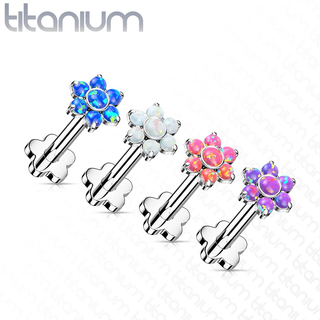 Dynamique Implant Grade Titanium Threadless Push In Flower Base Labret, Flat Back Studs With Opal Flower Top For Cartilage, Monroe (Sold Per Piece)