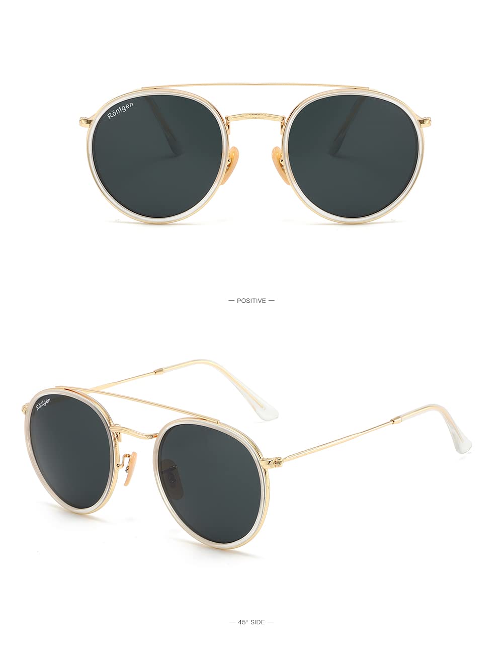 CONRAD RONTGEN Retro Round Sunglasses for Women Men Double Bridge UV400 Protection Black Frame Black Lens