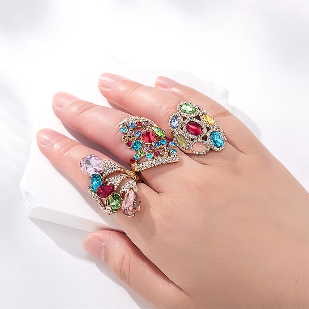 Ecesha 3 PCS/Set Gold Colorful Crystal Oval Teardrop Rhombus Cocktail Rings Set Irregular Geometric Stretch Rings for Women