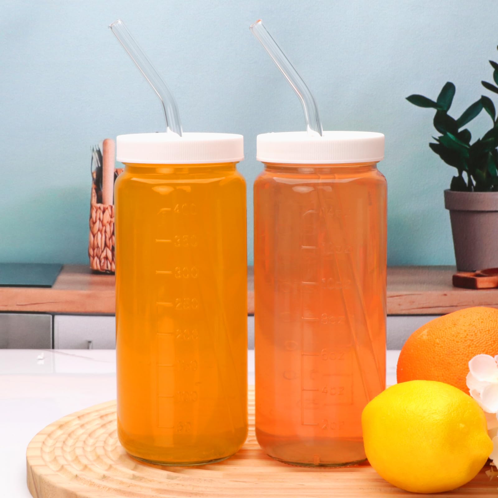 Encheng 16 oz Glass Juice Bottles with Lids,9 Pack Reusable Drinking Jars with Lids and Straws,Clear Round Smoothies Cup for Juicing,Kombucha,Water,Milk,Travel