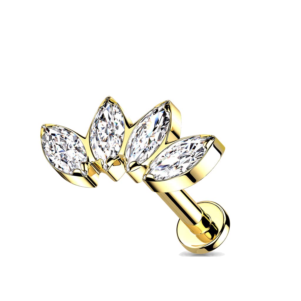 Dynamique Implant Grade Titanium Internally Threaded 4 Marquise CZ Fan Labret, Flat Back Studs for Ear Cartialge, Chin and More (Sold Per Piece)