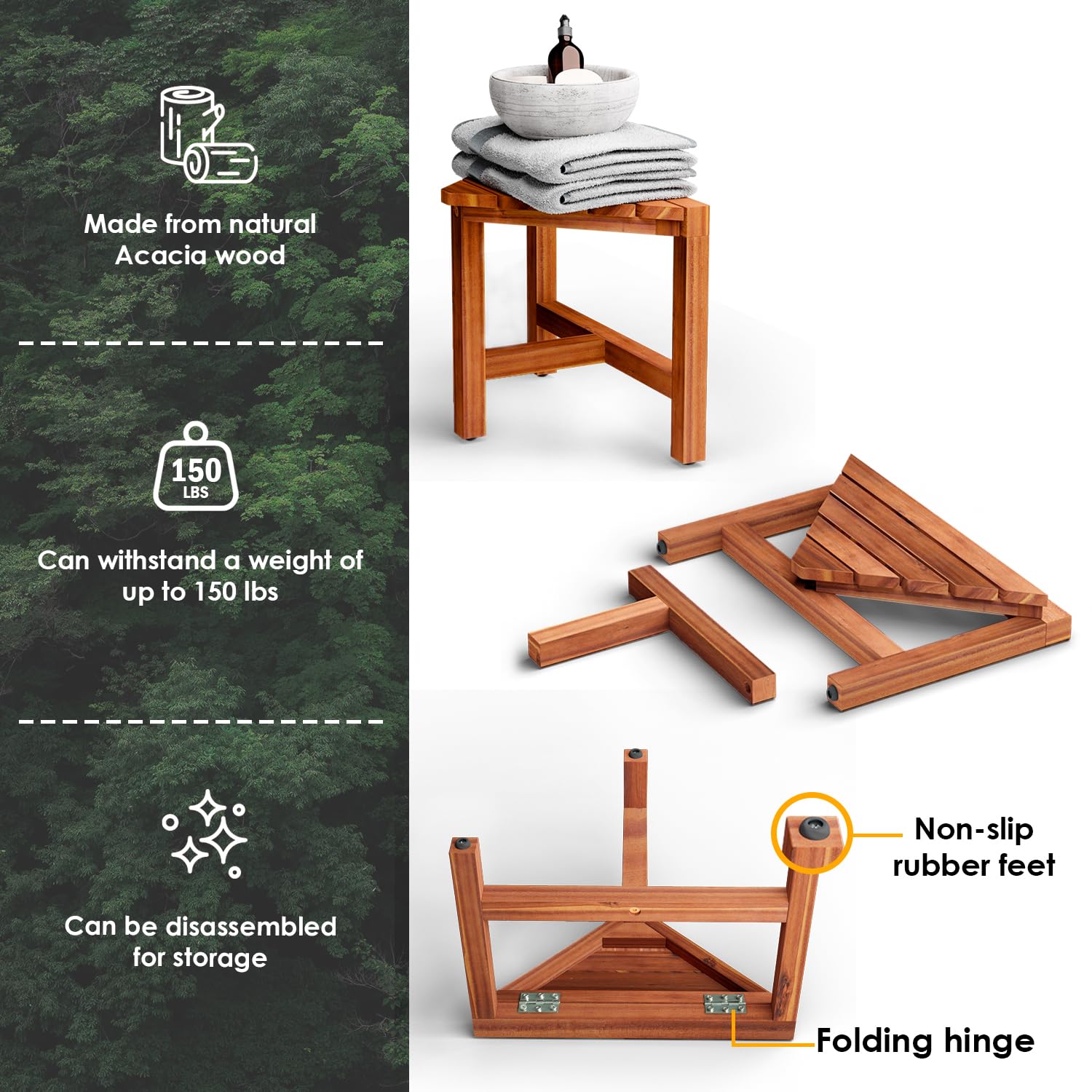 HOLANA 12" Acacia Shower Stool for Shaving Legs - Wooden Shower Foot Rest - Small Shower Corner Stool Seat for Inside Shower - Waterproof Bath Step Stools Bench for Bathroom (Acacia Wood)
