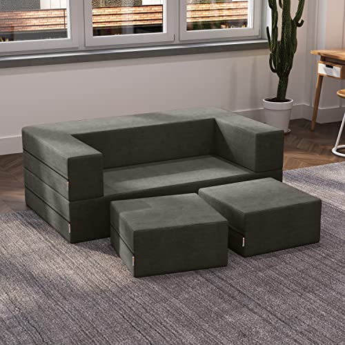 Jaxx Zipline Convertible Sleeper Loveseat & Ottomans, Textured Microvelvet - Charcoal