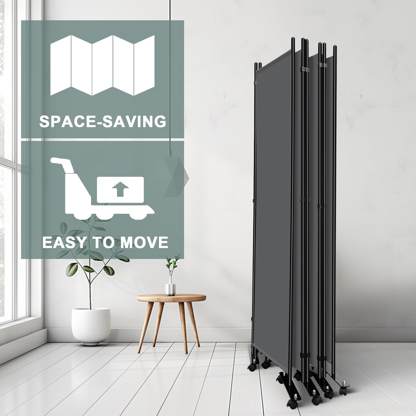 HALLYBEE Room Divider 5.6FT Portable Room Dividers and Folding Privacy Screens, 4 Panel Room Divider on Wheels, Wall Divider for Room Separation, Partition Room Dividers, Grey Fabric Privacy Screen