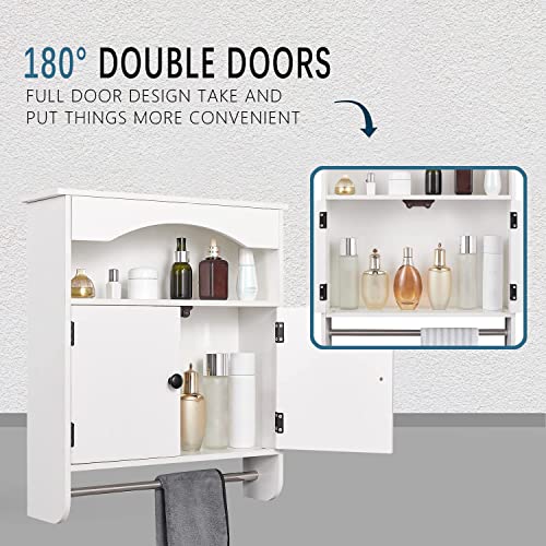 LUCYPAL Bathroom Cabinet Wall Mounted with Doors, Wooden Hanging Cabinet, Bathroom Cabinet with Towel Bar Over The Toilet, Bathroom Wall Cabinet White