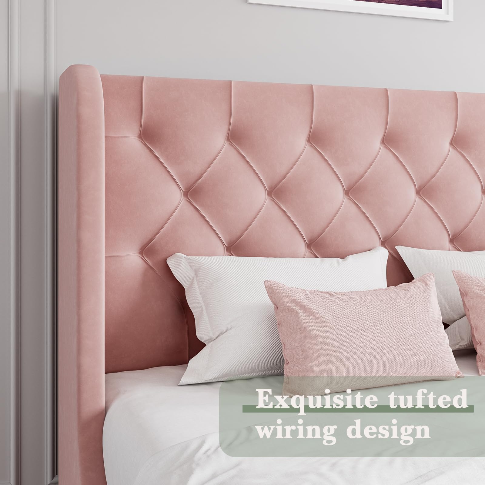 HOMBCK Queen Bed Frame, Pink Velvet Upholstered Bed Frame with Headboard and Wide Wingback, Soft Bed Frame Queen, No Box Spring Required, Noise Free, Easy Assembly, Pink